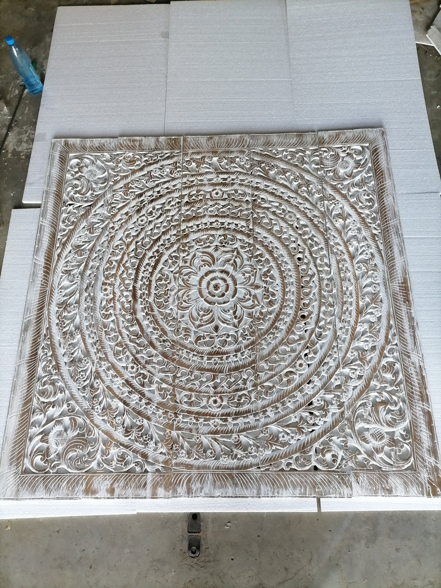 White wash mandala wood carving 5 ft, Mandala headboard queen teak woo ...