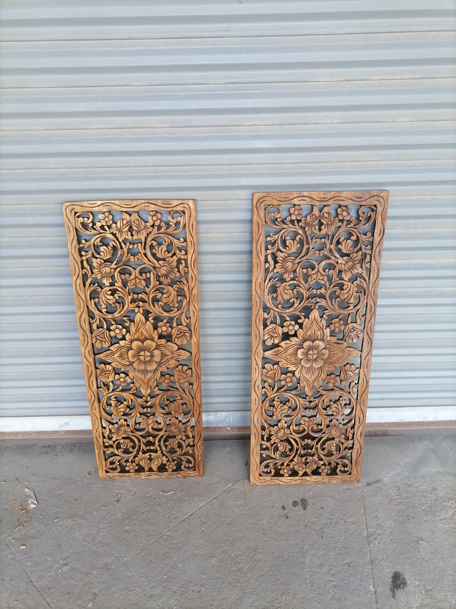 2 Pcs Natural Color Wood Carving Panel 14 x 36 inches Teak Wood Carved ...