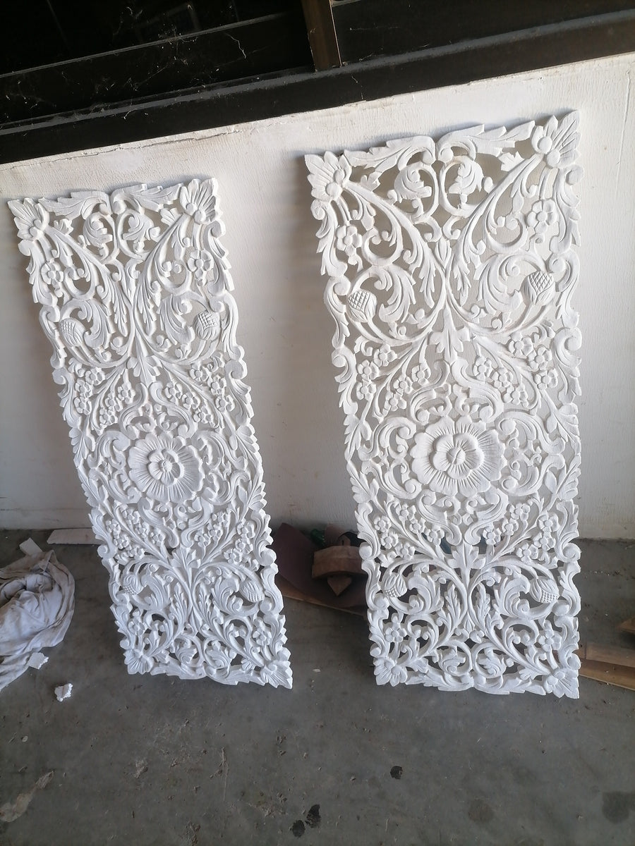 2 Pcs White Wood Carving Panel 14 x 36 inches Teak Wood Carved Panel T ...